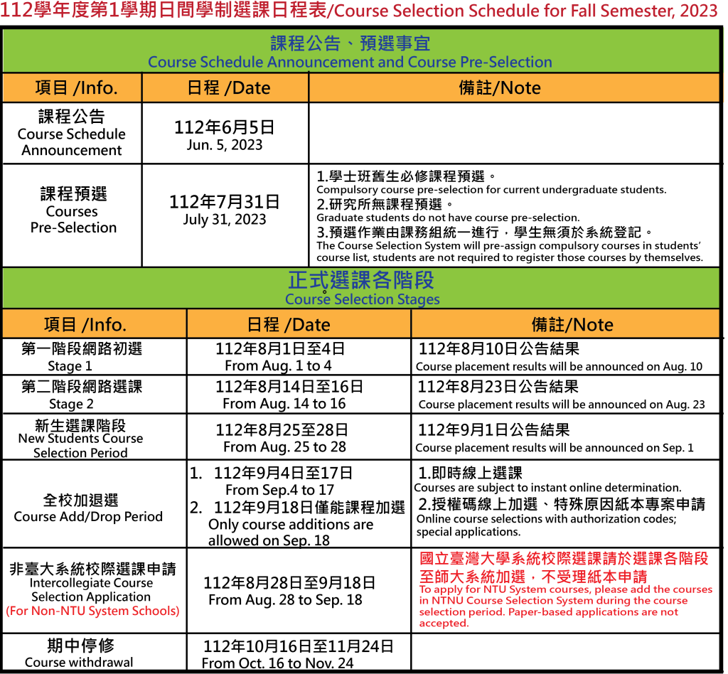 Course Selection Schedule for fall Semester, 2023